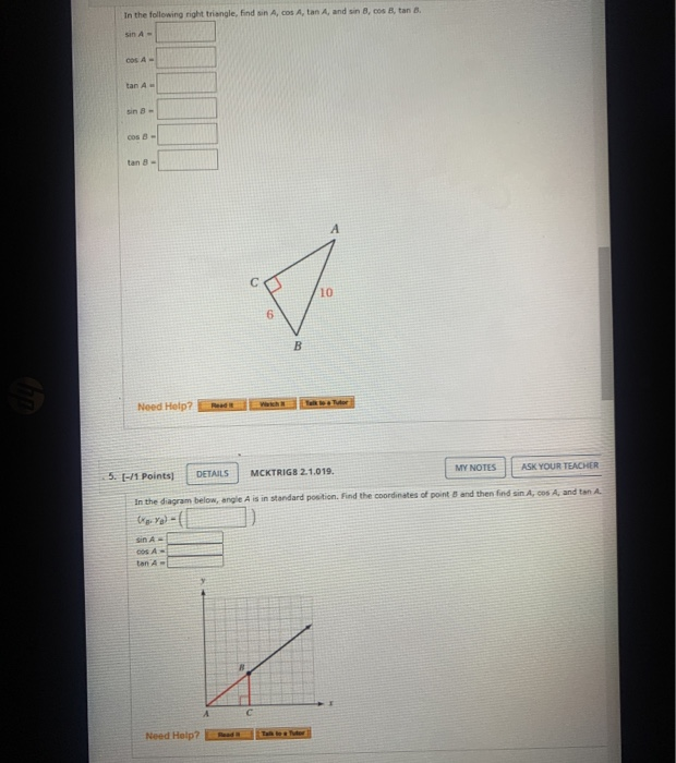 Solved In the following right triangle, find in Acos A, tan | Chegg.com