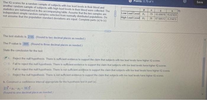 Solved The KQ scores for a tandom sample of subjects whth | Chegg.com
