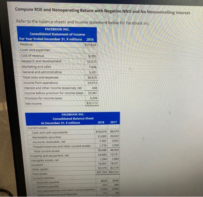 Solved Compute ROE and Nonoperating Return with Negative NNO | Chegg.com