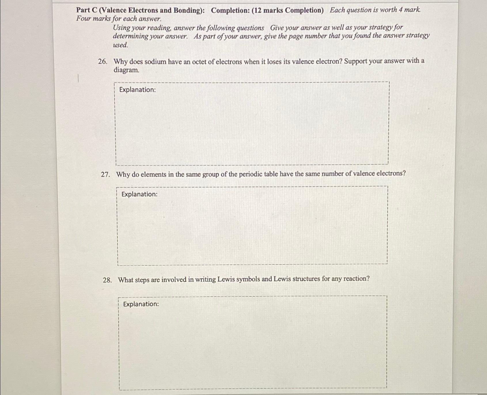 Solved Part C (Valence Electrons and Bonding): Completion: | Chegg.com