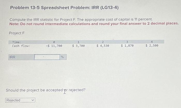 Problem 13-5 Spreadsheet Problem: IRR (LG13-4) | Chegg.com