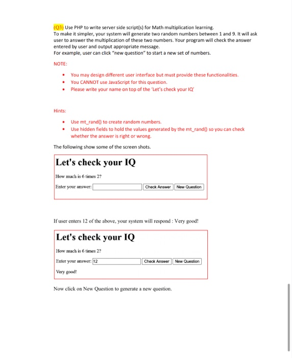 Solved Q3 Use Php To Write Server Side Scripts For Math 3901