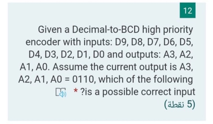 Solved 12 Given a Decimal-to-BCD high priority encoder with | Chegg.com