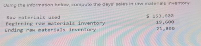 Solved Using the information below, compute the days' sales | Chegg.com