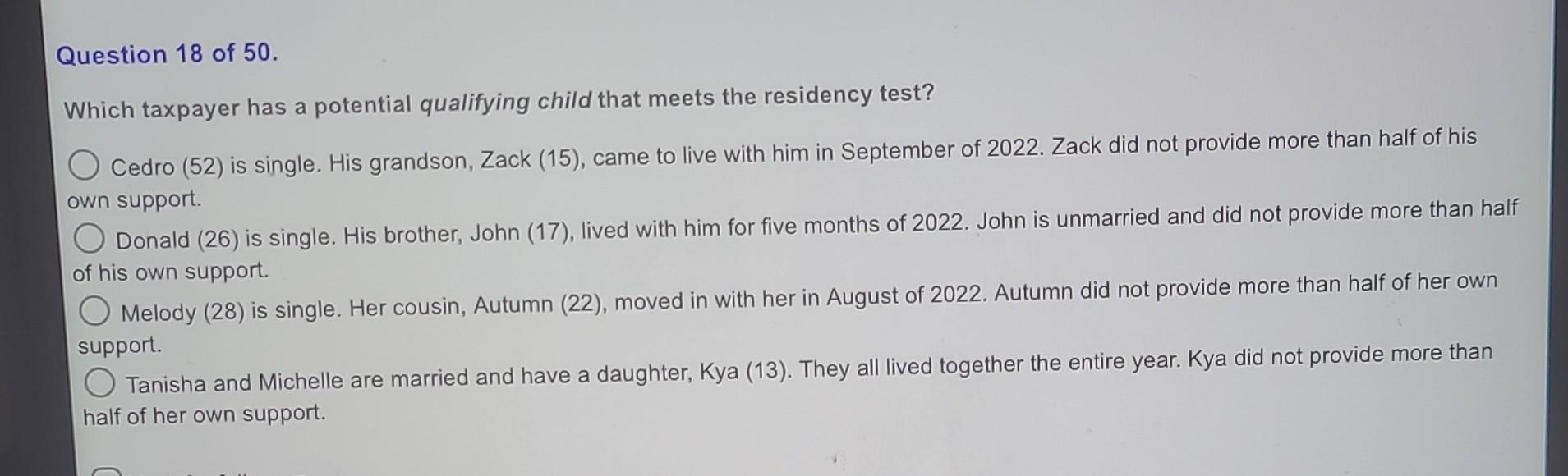 Solved Question 18 of 50 . Which taxpayer has a potential | Chegg.com