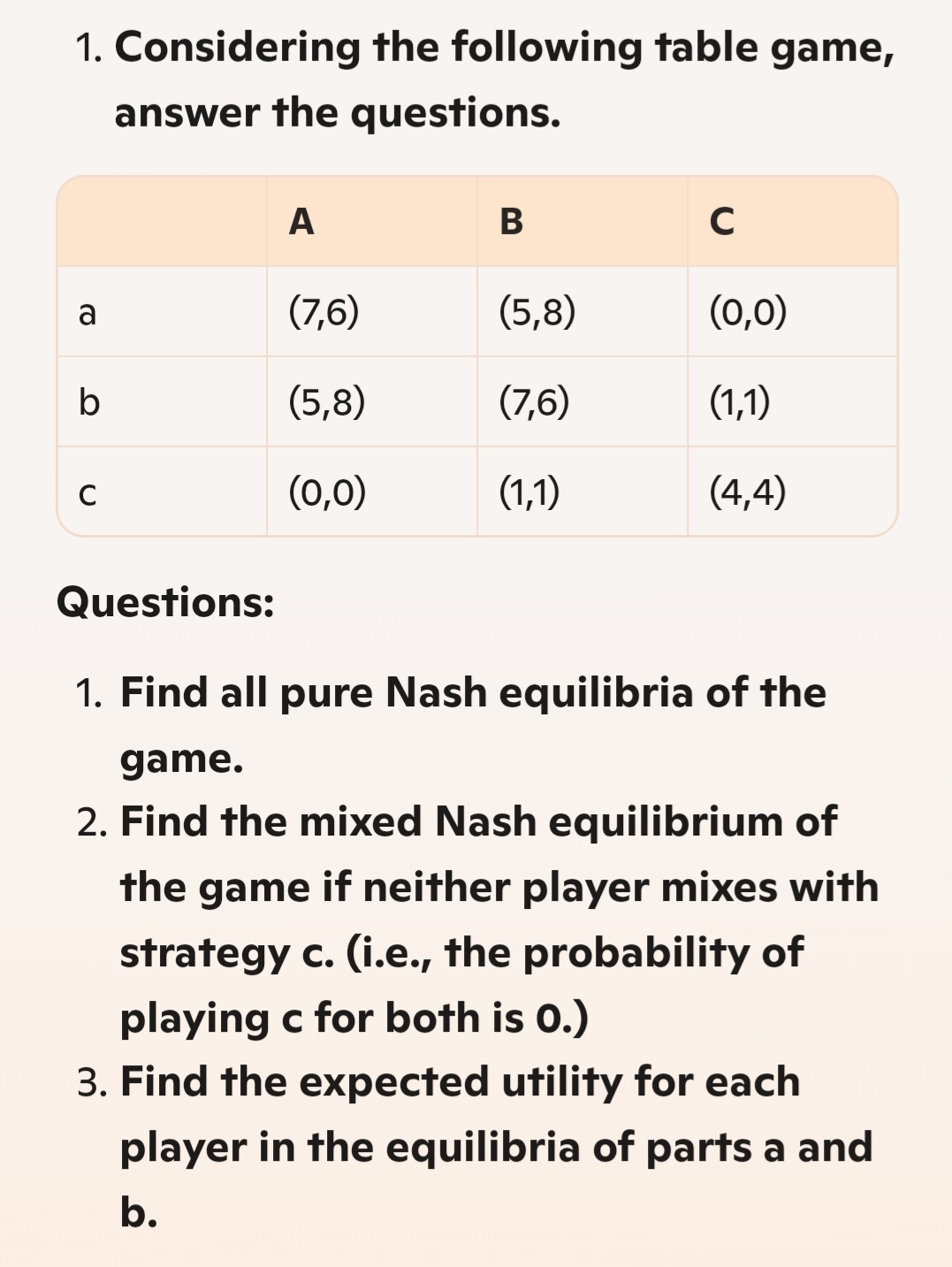 Solved 1. ﻿Considering the following table game, answer the | Chegg.com
