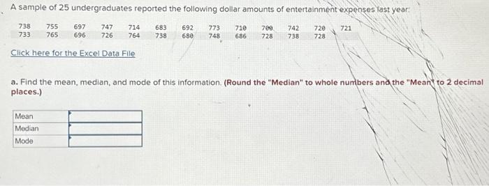 Click here for the Excel Data File a. Find the mean, | Chegg.com