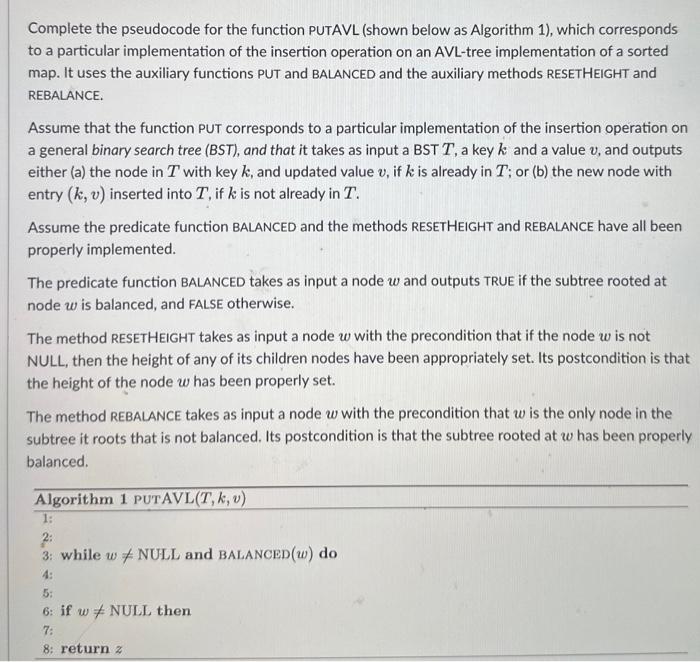 Solved Complete the pseudocode for the function PUTAVL | Chegg.com