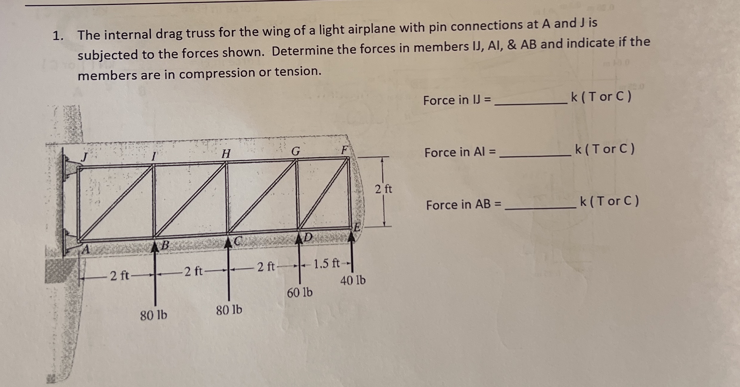 Solved The internal drag truss for the wing of a light | Chegg.com