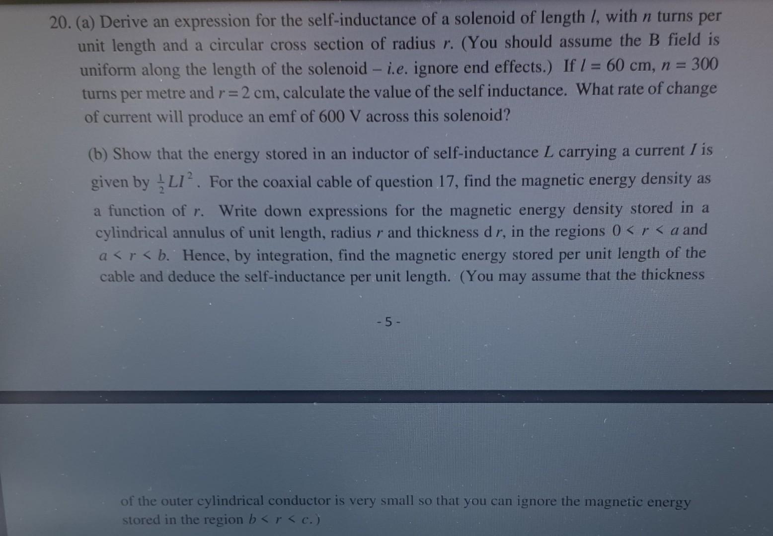 Solved 20. (a) Derive an expression for the self-inductance | Chegg.com