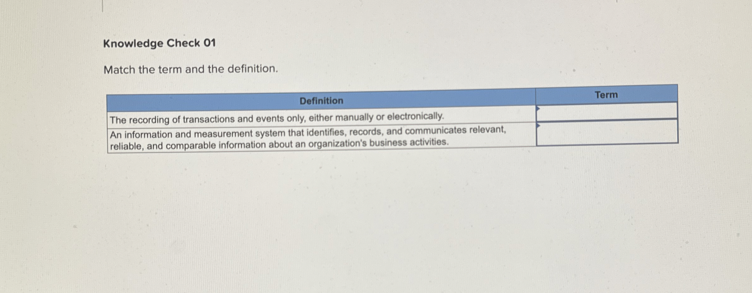 Solved Knowledge Check 01Match the term and the | Chegg.com
