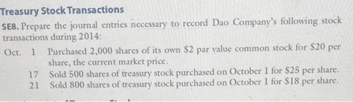 Solved Treasury Stock Transactions SE8. Prepare the journal | Chegg.com