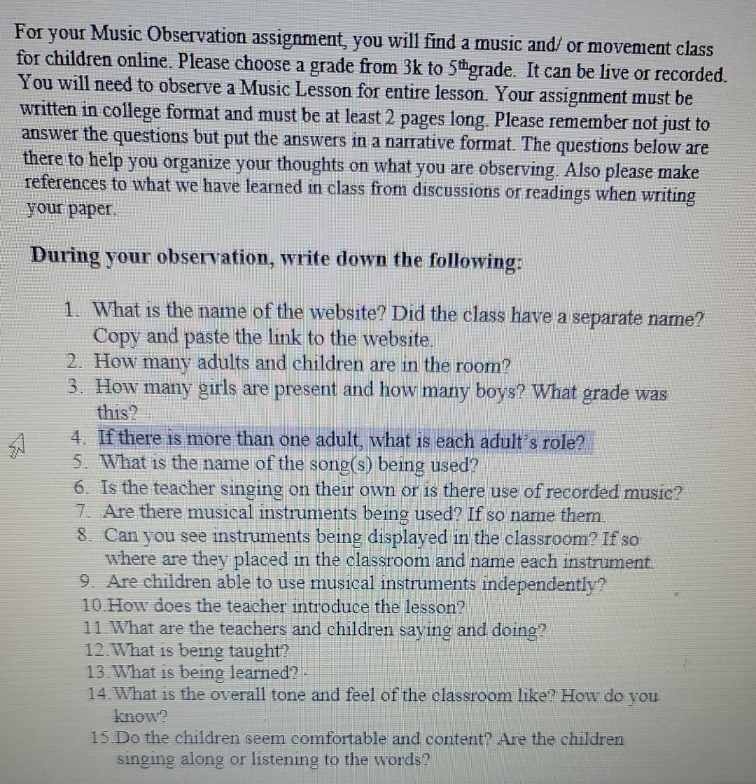 For your Music Observation assignment, you will find | Chegg.com