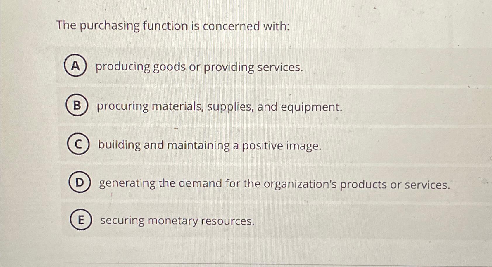 Solved The purchasing function is concerned with:producing | Chegg.com