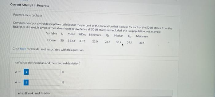 Solved Current Attempt in Progress Percent Obese by State | Chegg.com