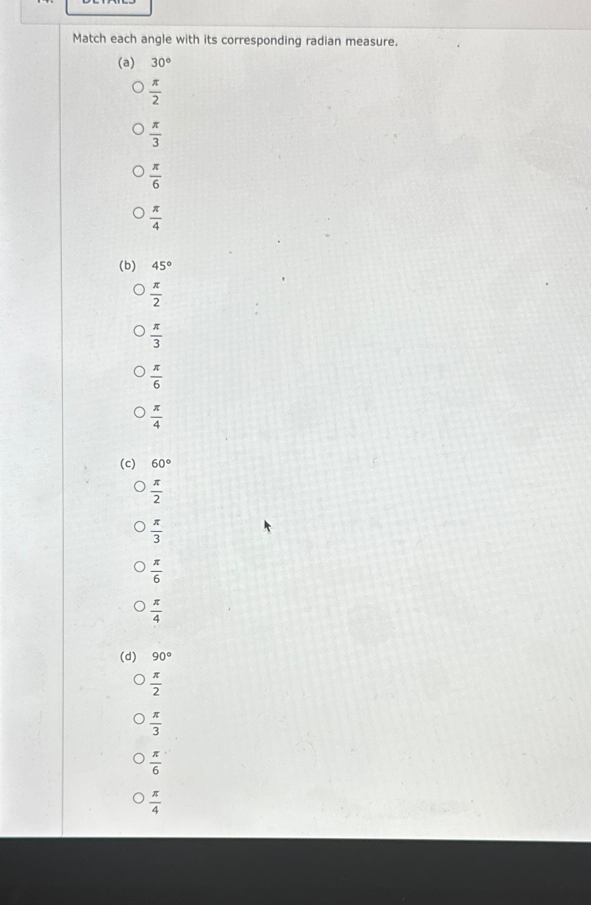 Solved Match each angle with its corresponding radian | Chegg.com