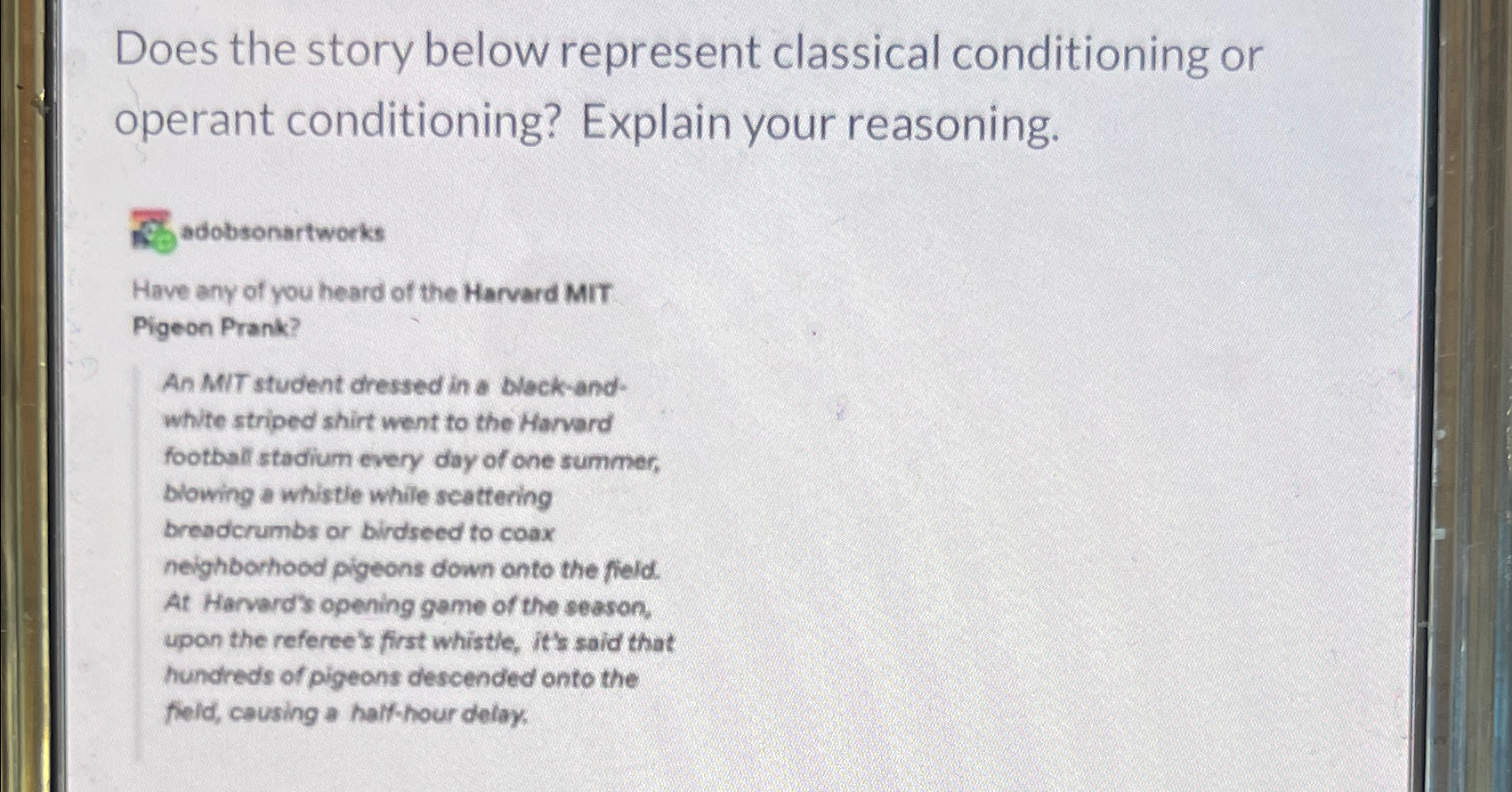 Solved Does the story below represent classical conditioning | Chegg.com