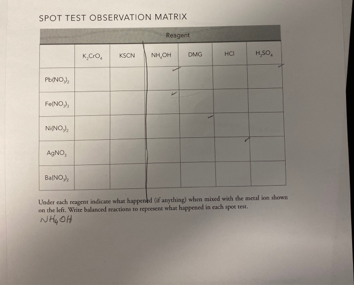 Solved SPOT TEST OBSERVATION MATRIX Reagent H2SO DMG НCl | Chegg.com