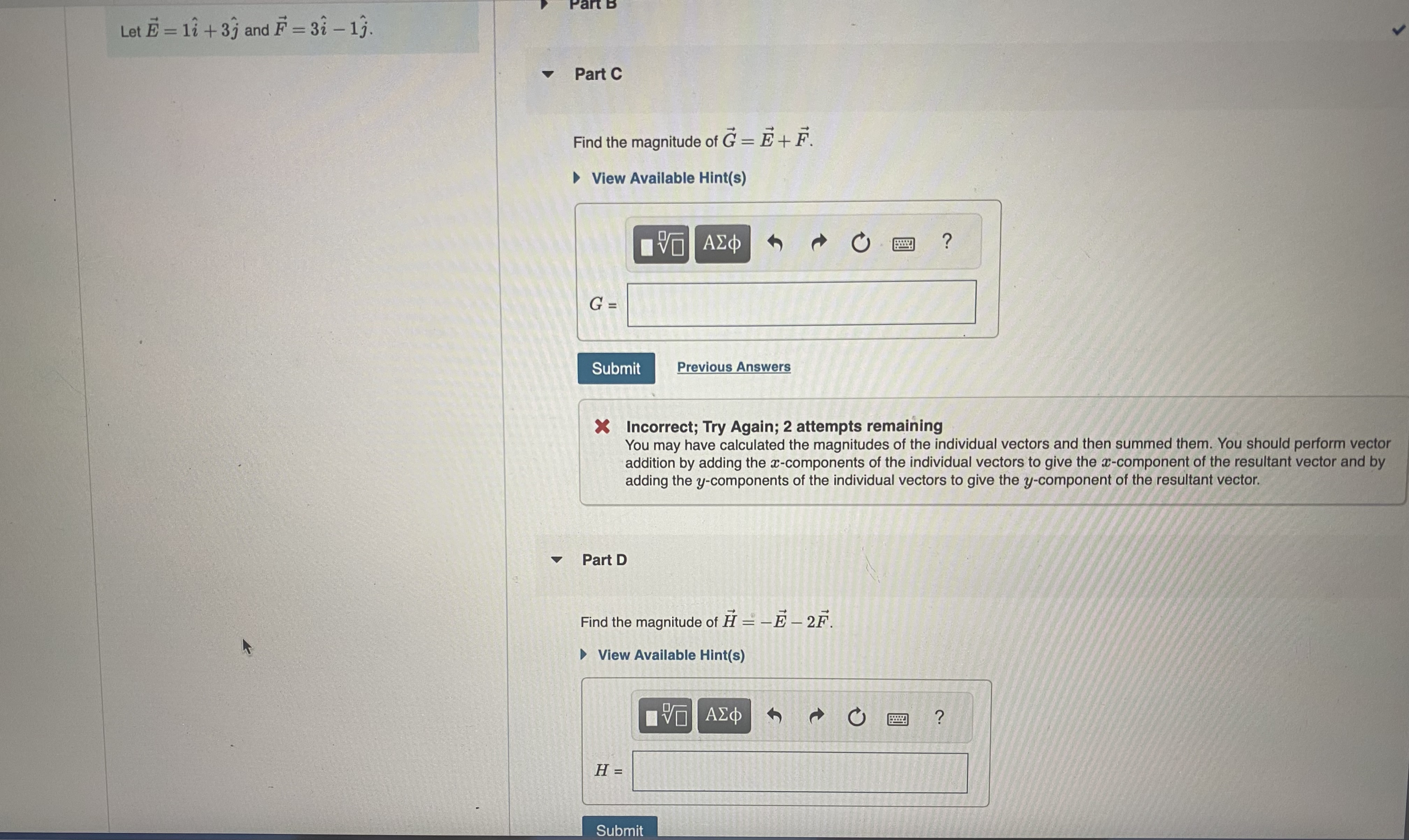 Solved Let E = 1ĩ + 3j and F = 3i - 1jA)Find the magnitude | Chegg.com