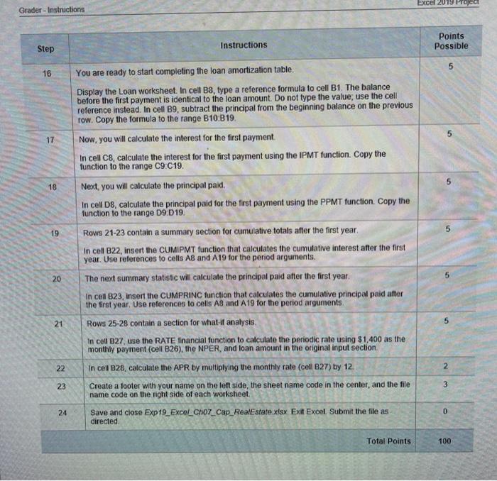 Excel Grader - Instructions Points Possible Step | Chegg.com