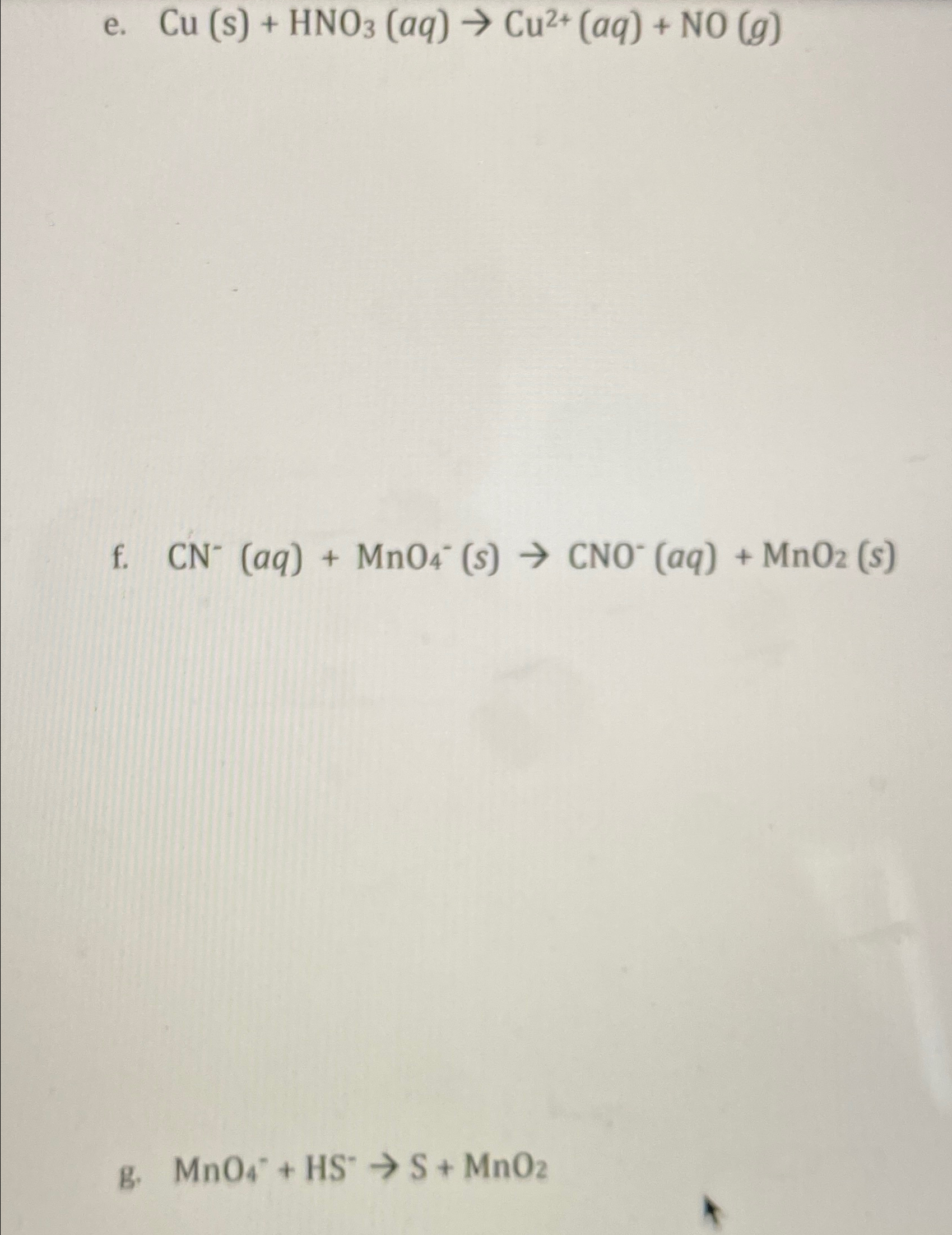 Solved Balance the following oxidation reduction reactions | Chegg.com