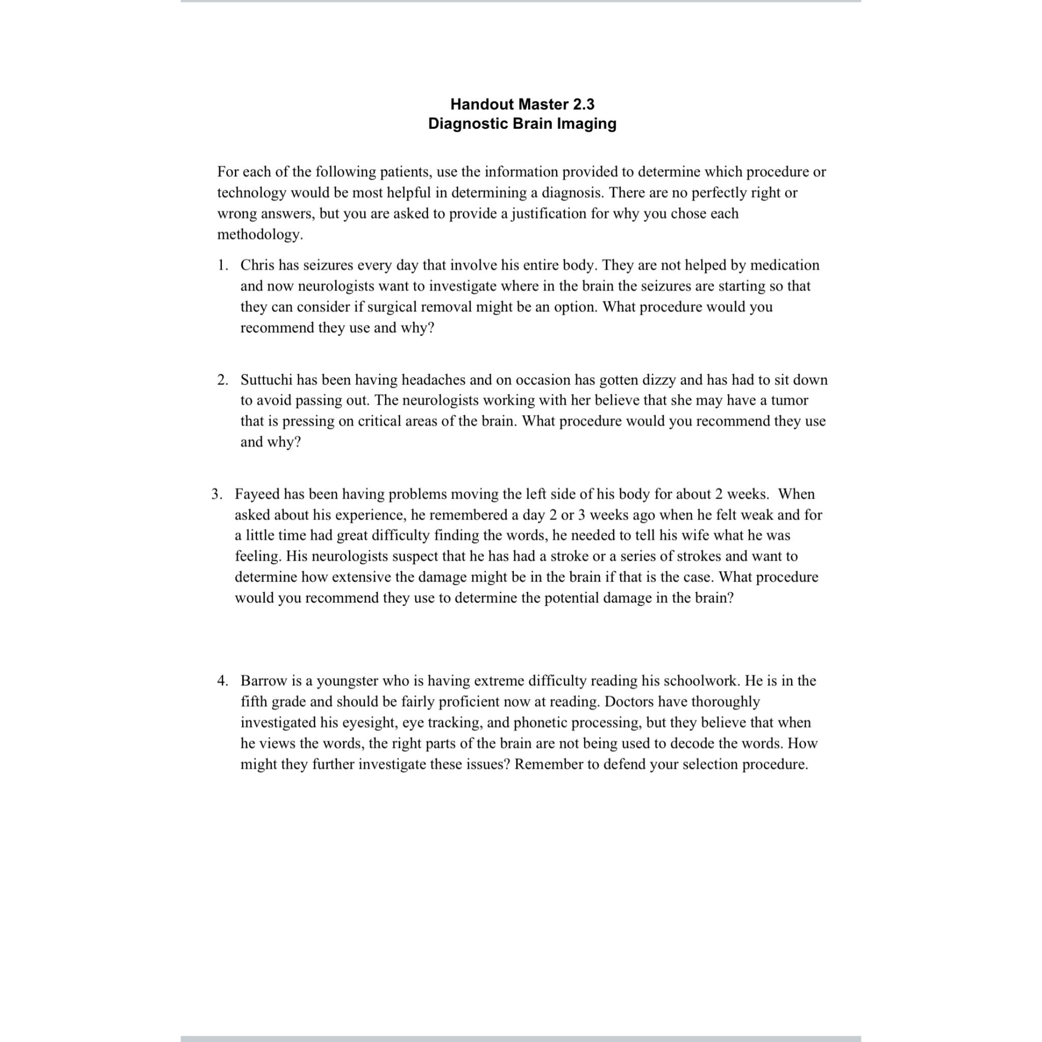Solved Handout Master 2.3Diagnostic Brain ImagingFor each of | Chegg.com