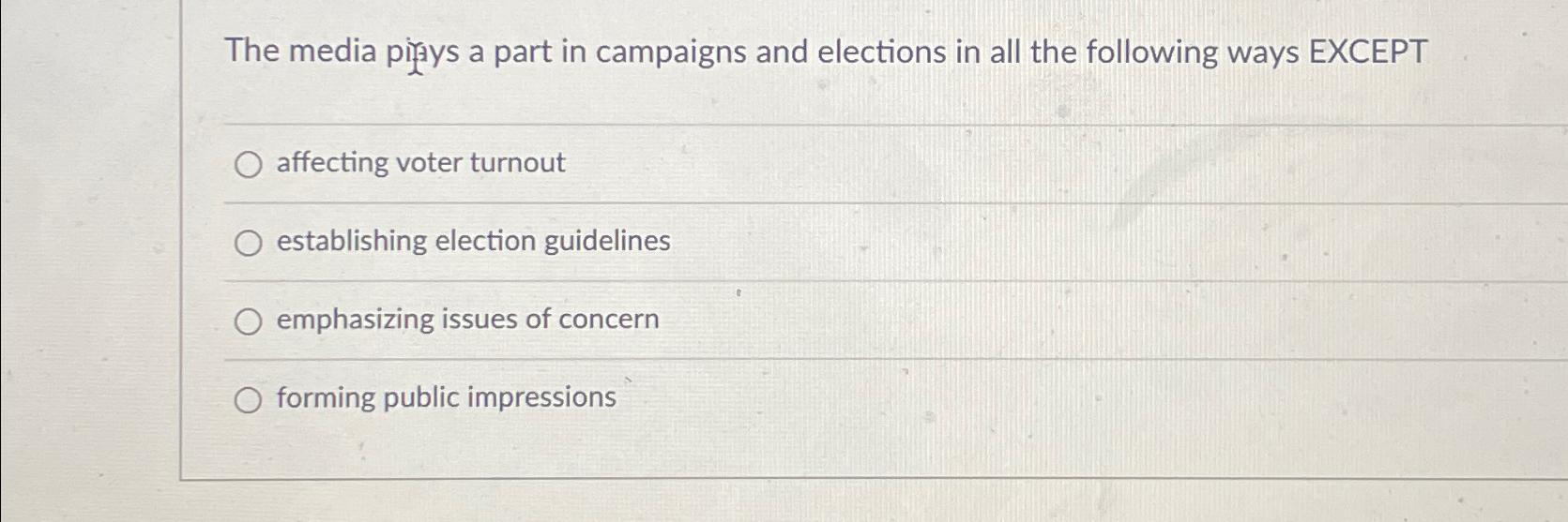 Solved The media piays a part in campaigns and elections in | Chegg.com