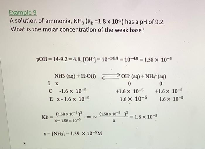 Solved Example 9 A solution of ammonia, NH3 (K6 =1.8 x 10-5) | Chegg.com