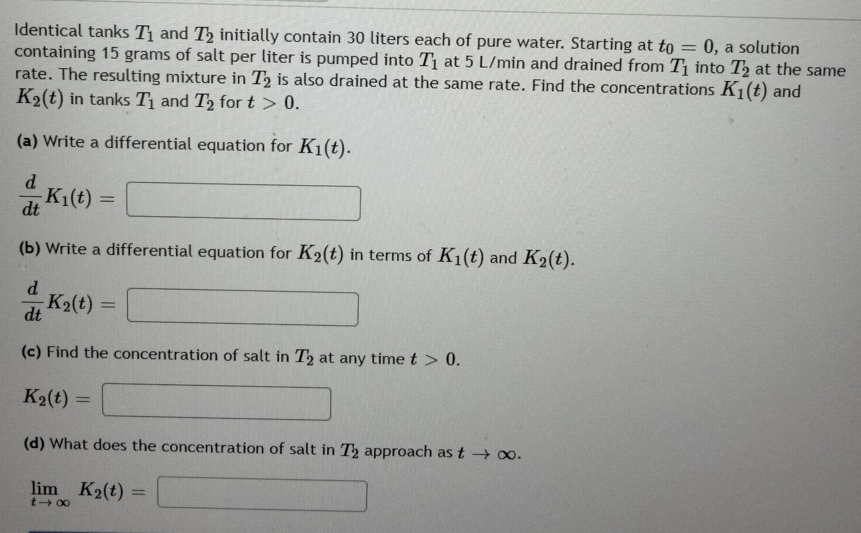 Solved Identical tanks T1 ﻿and T2 ﻿initially contain 30 | Chegg.com