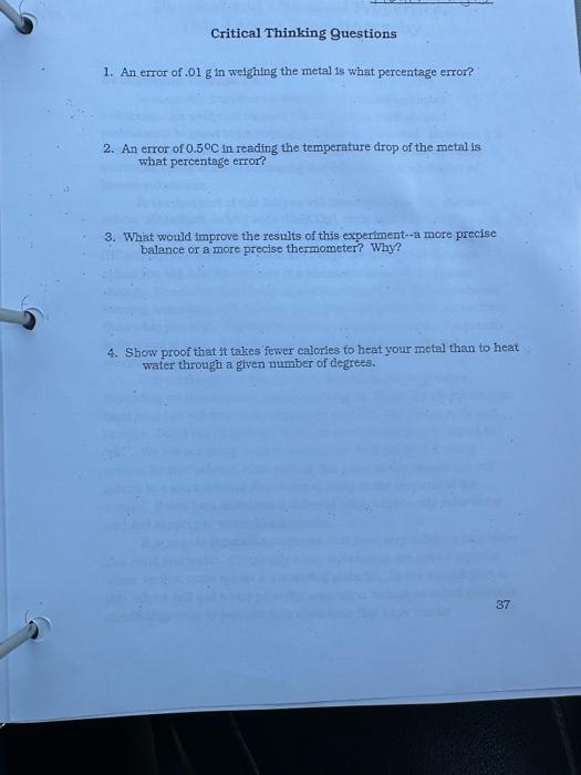 Solved Critical Thinking Questions 1. An error of .01 g in | Chegg.com