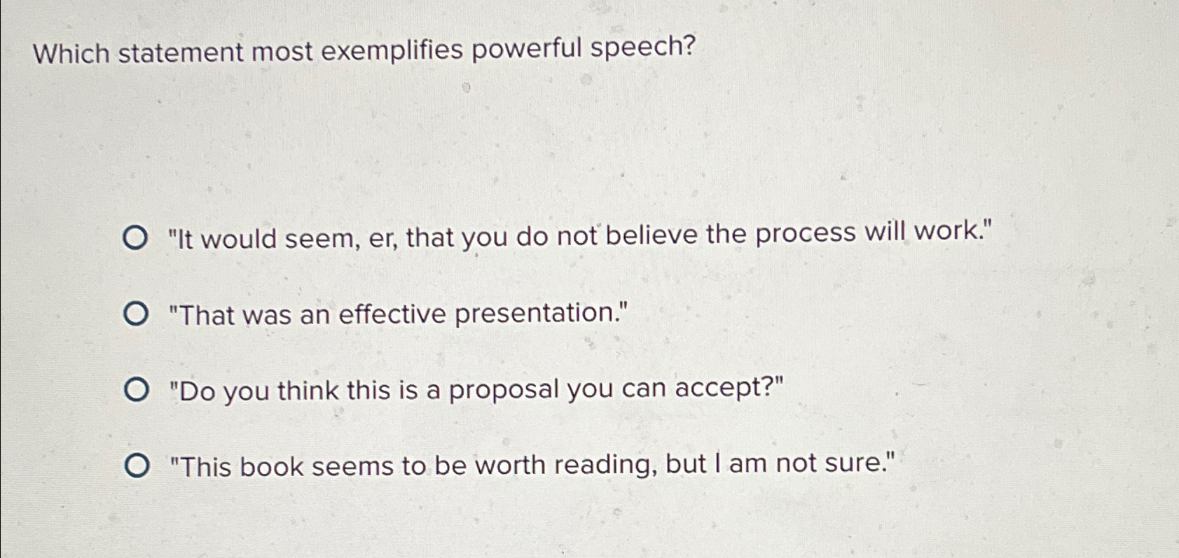 Solved Which statement most exemplifies powerful speech?"It | Chegg.com