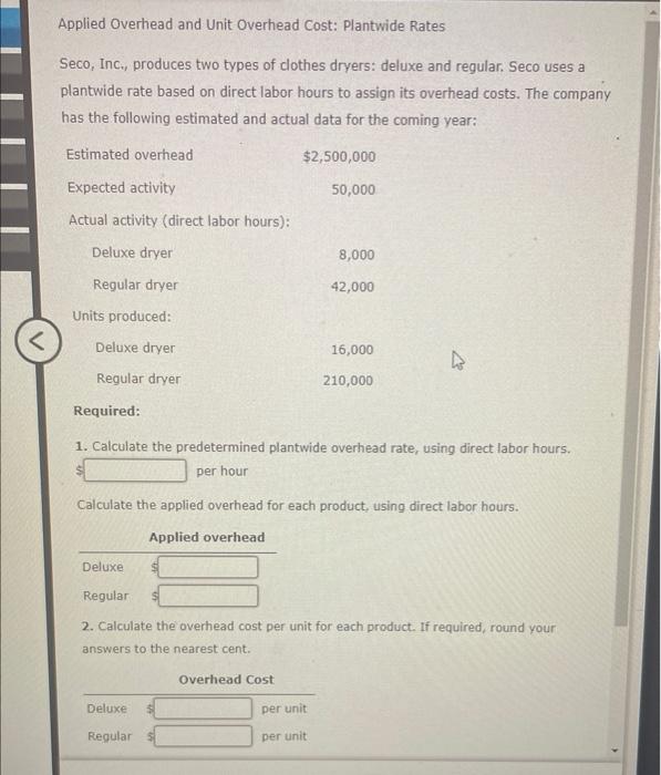 Solved Applied Overhead and Unit Overhead Cost: Plantwide | Chegg.com