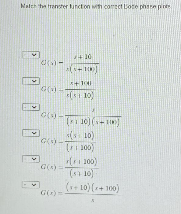 Match the transfer function with correct Bode phase | Chegg.com