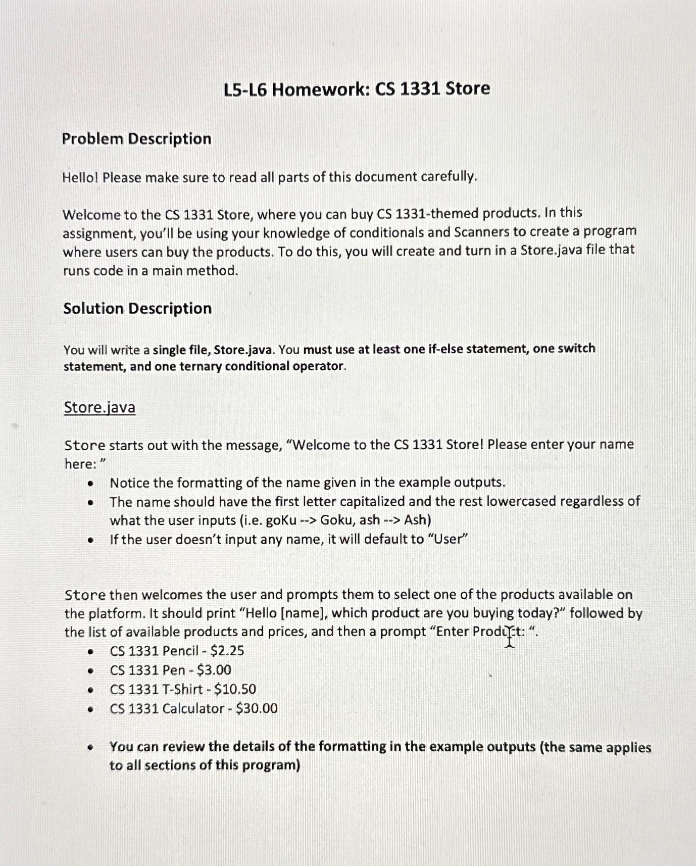 Solved L5-L6 ﻿Homework: CS 1331 ﻿StoreProblem | Chegg.com