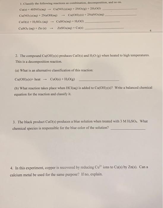 Solved 1 Classify The Following Reactions As Combination