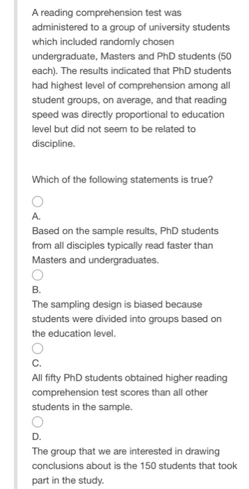 Solved A reading comprehension test was administered to a | Chegg.com