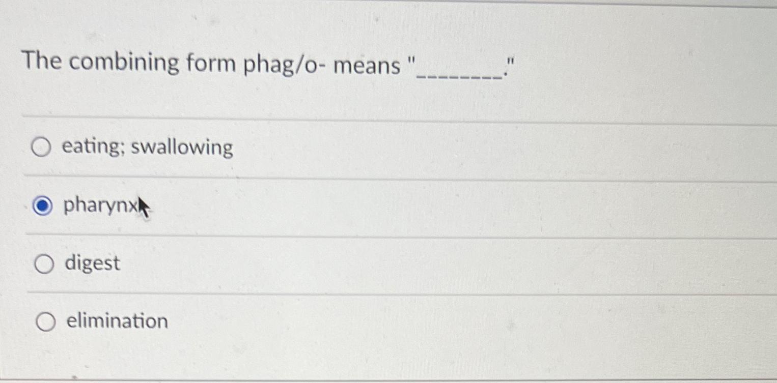Solved The combining form phag/o- ﻿meanseating; | Chegg.com