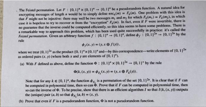The Feistel permutation. Let F:(0,1}n×(0,1)n→(0,1)n | Chegg.com