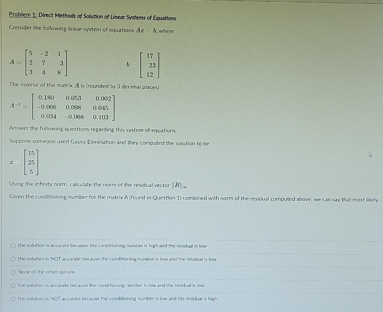 Solved Problem 1: Direct Methods of Solution of Linear | Chegg.com