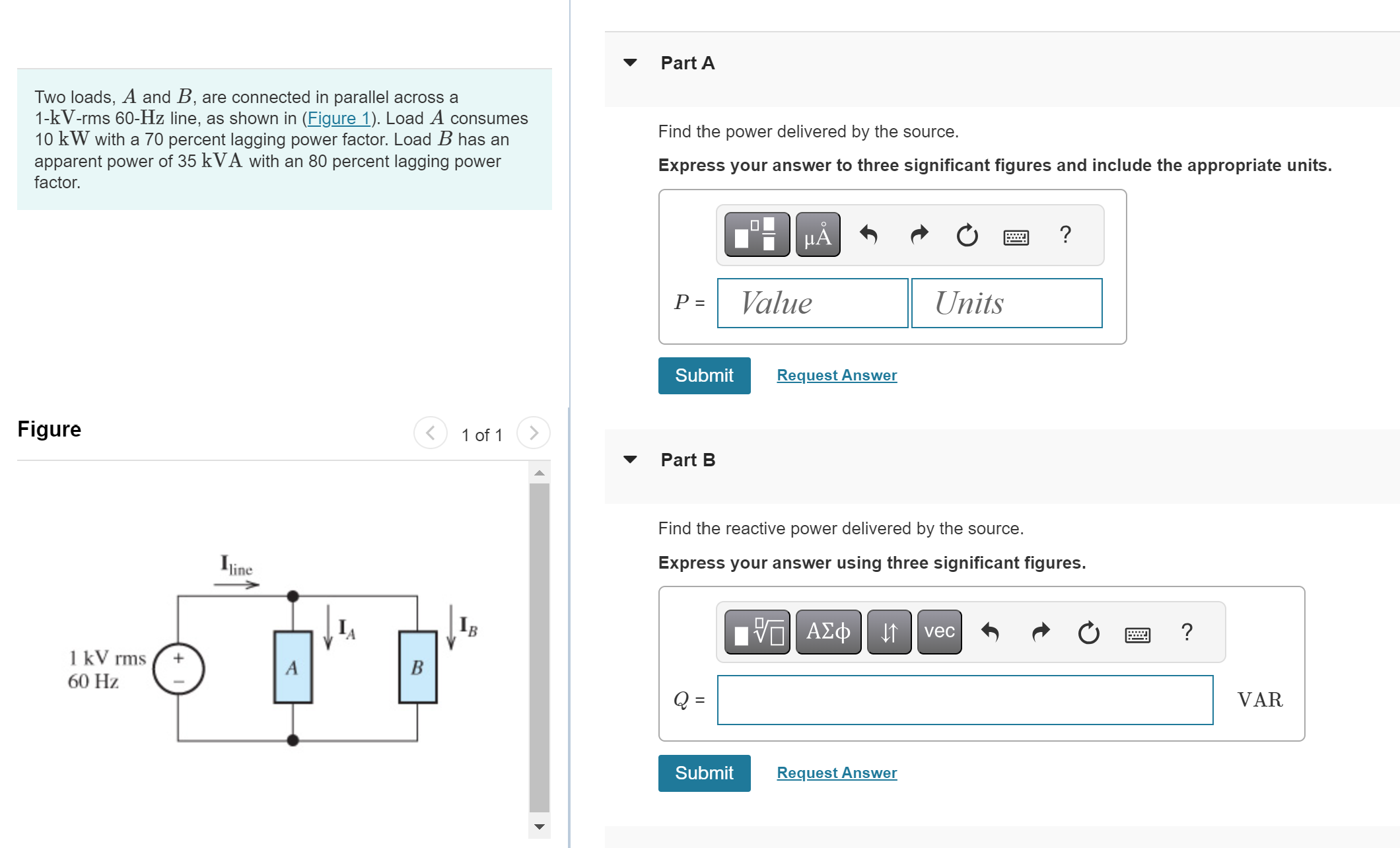 Solved Two loads, A and B, ﻿are connected in parallel across | Chegg.com