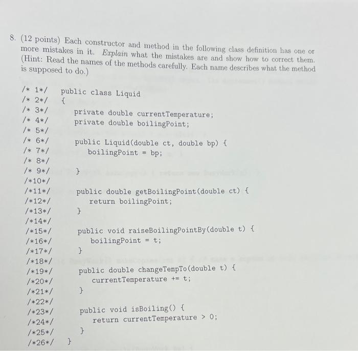 Solved 8. (12 points) Each constructor and method in the | Chegg.com