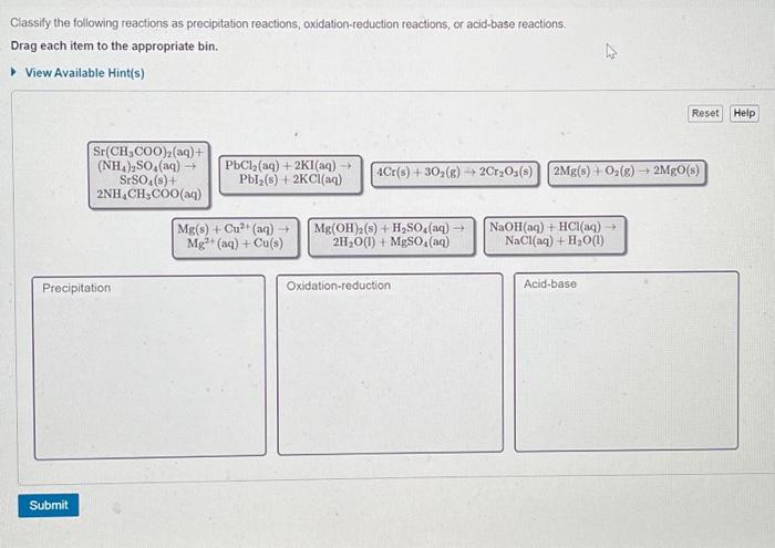 Solved Classify the following reactions as precipitation | Chegg.com