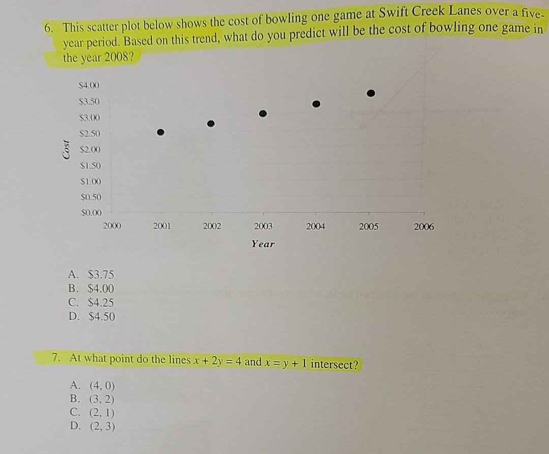 Solved 6. This scatter plot below shows the cost of bowling | Chegg.com