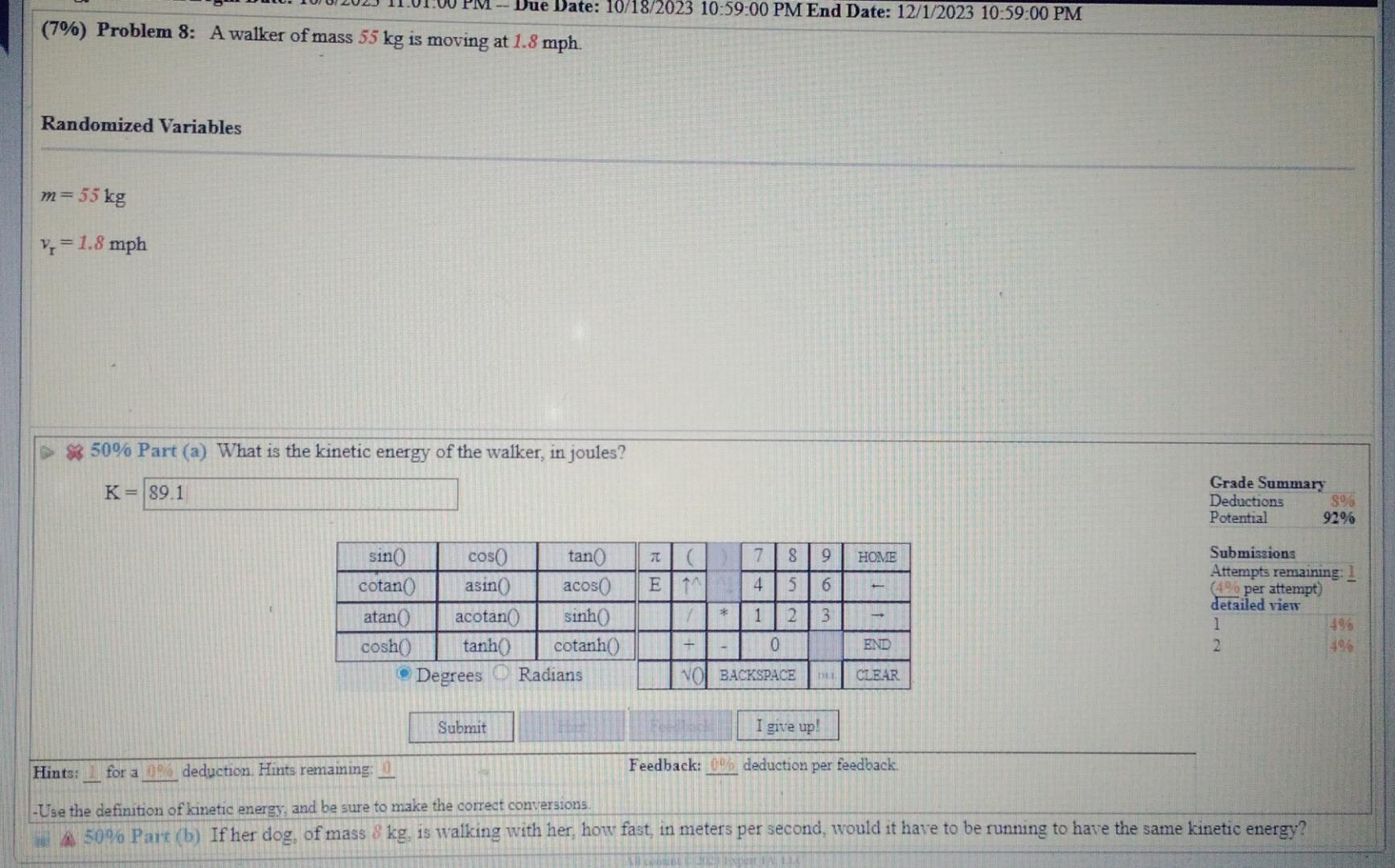 Solved Randomized Variables m=55 kgvr=1.8mph \& 50% Part (a) | Chegg.com