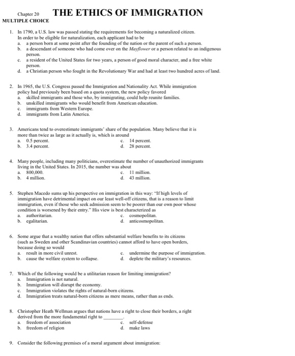 Chapter 20 MULTIPLE CHOICE THE ETHICS OF IMMIGRATION | Chegg.com