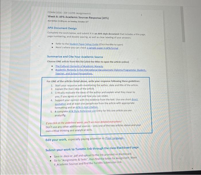 COMM 1016 - 235-11299: Assignment 6 Week 6: APA | Chegg.com