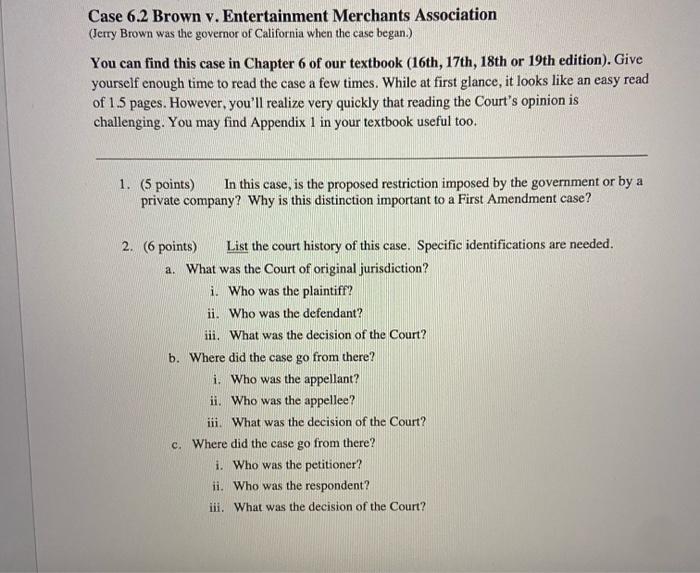 Case 6.2 Brown v. Entertainment Merchants Association | Chegg.com