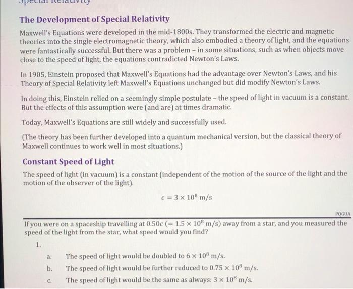 Solved The Development of Special Relativity Maxwell's | Chegg.com