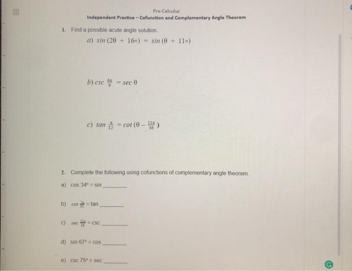 Solved Pre-Calculus Independent Practice - Cofunction and | Chegg.com