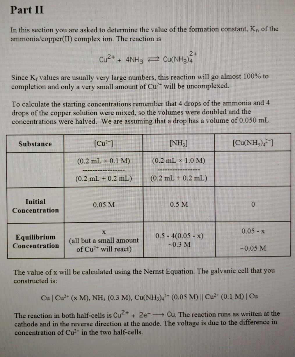 Solved Part II: Nernst Equation and Determination of Kf | Chegg.com